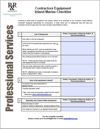 Contractors Equipment: Inland Marine Checklist